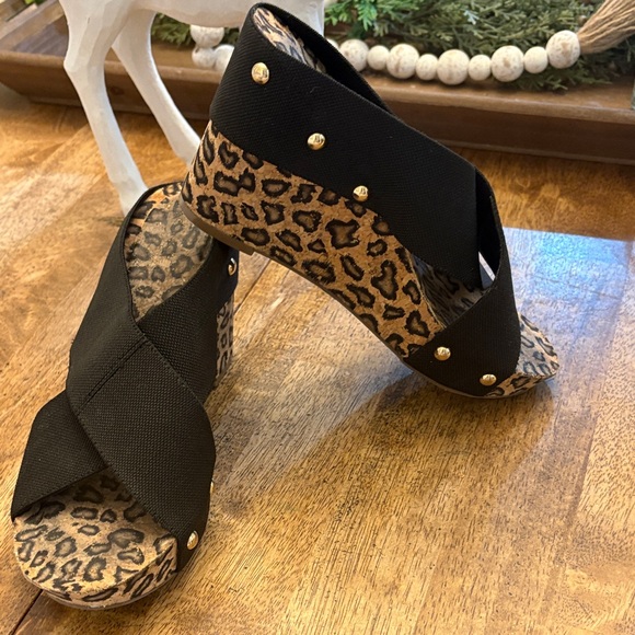 Shoes | Leopard Print Wedge Sandals With Black Straps | Poshmark